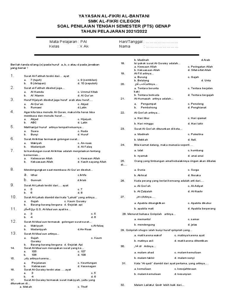 Soal PTS Genap Pai Kelas X SMK 2021 | PDF