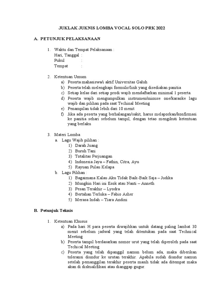 Juklak Juknis Lomba Vocal Solo PRK 2022 | PDF