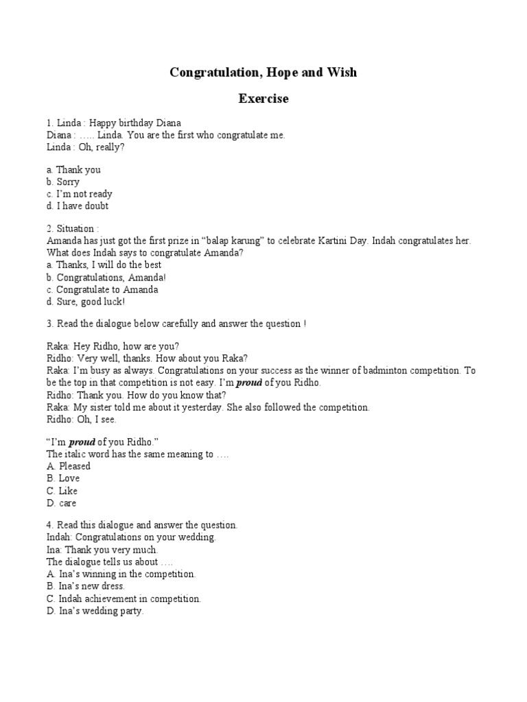 Congratulation, Hope and Wish Exercise | PDF