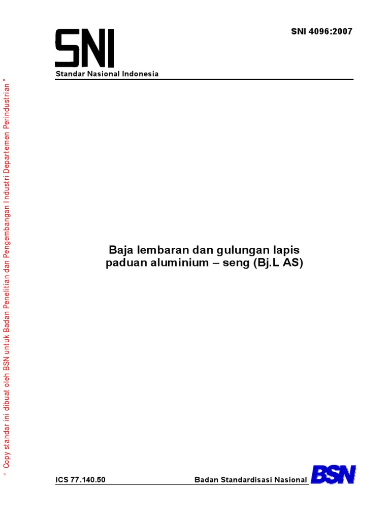SNI 4096-2007-Baja Lembaran Dan Gulungan Lapis Paduan Aluminium-Seng (BJ - LAS) | PDF