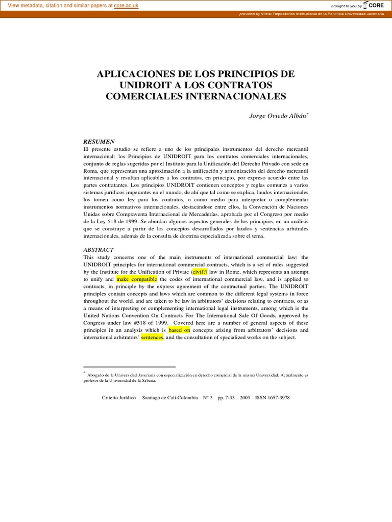 Aplicaciones de Los Principios de Unidroit A Los Contratos Comerciales ...