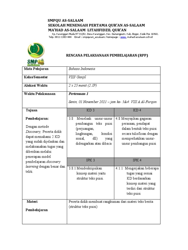 9 RPP Teks Puisi Kelas 8 | PDF