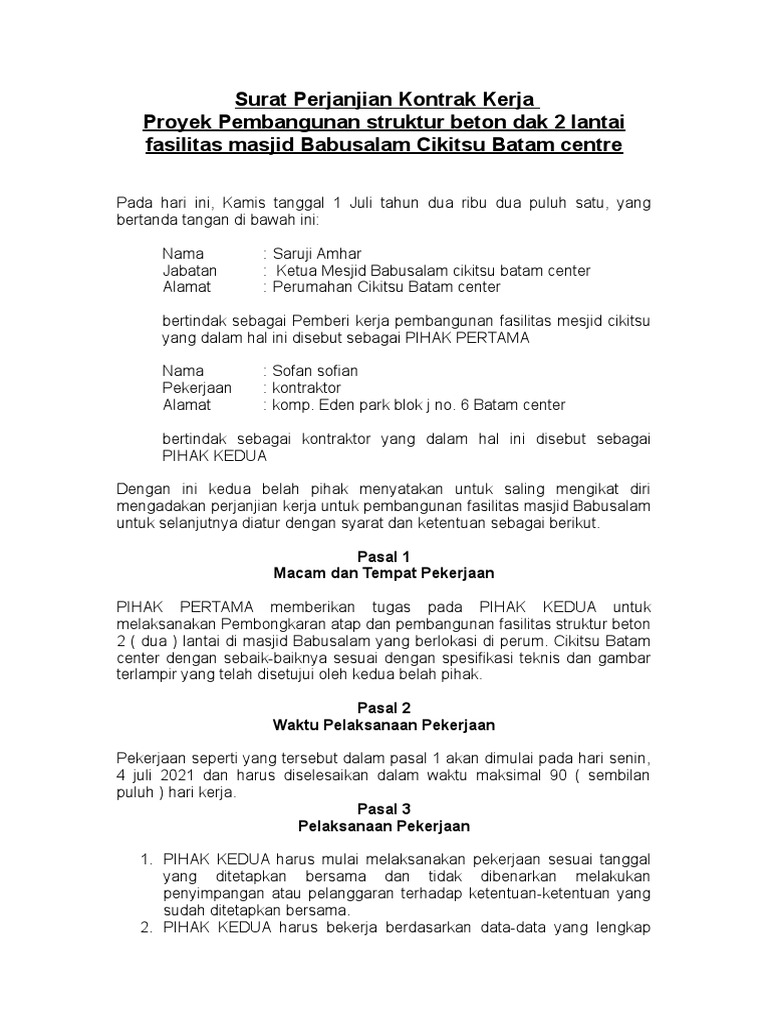 Surat Perjanjian Kontrak Kerja Proyek | PDF