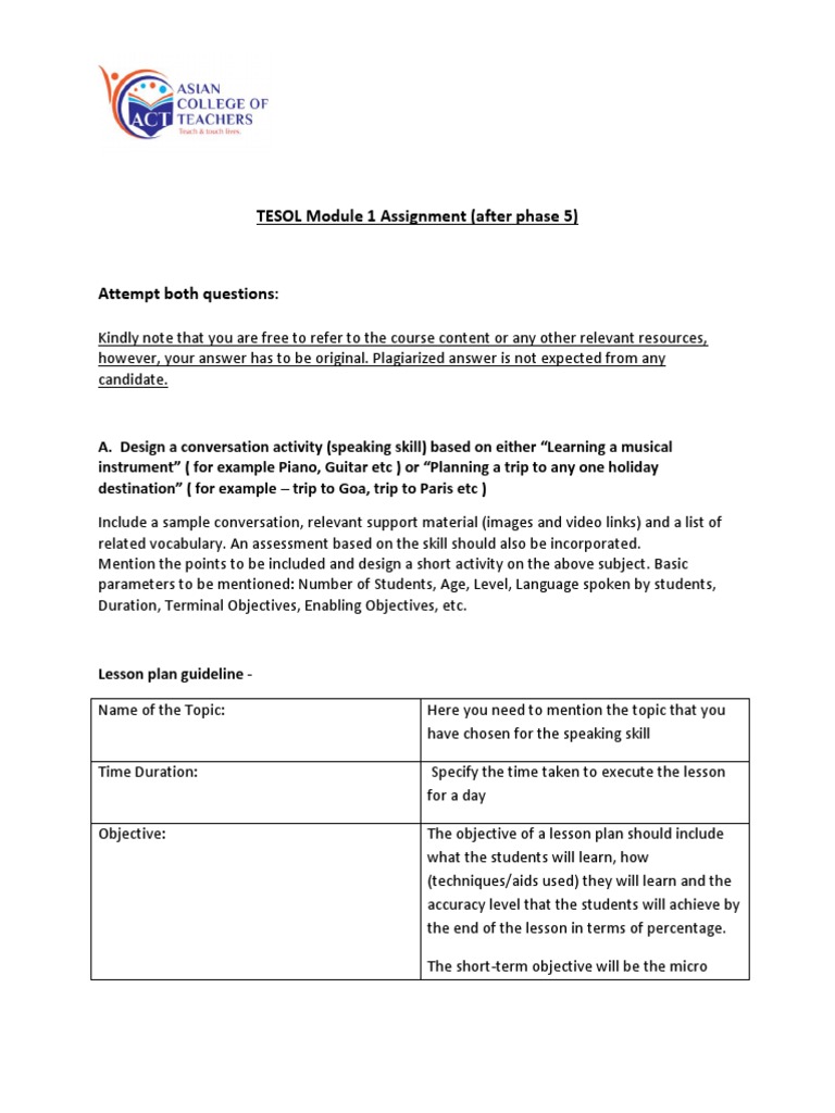 TESOL Module 1 Assignment (After Phase 5) | PDF | Lesson Plan | Teachers