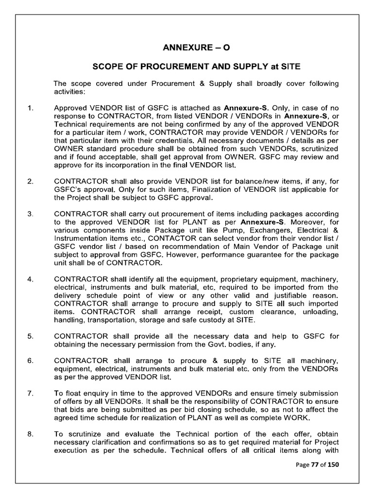 Annexure - O - Scope of Procurement and Supply at Site | PDF