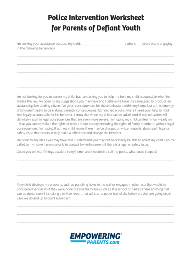 Police Intervention Worksheet For Parents of Defiant Youth | PDF ...