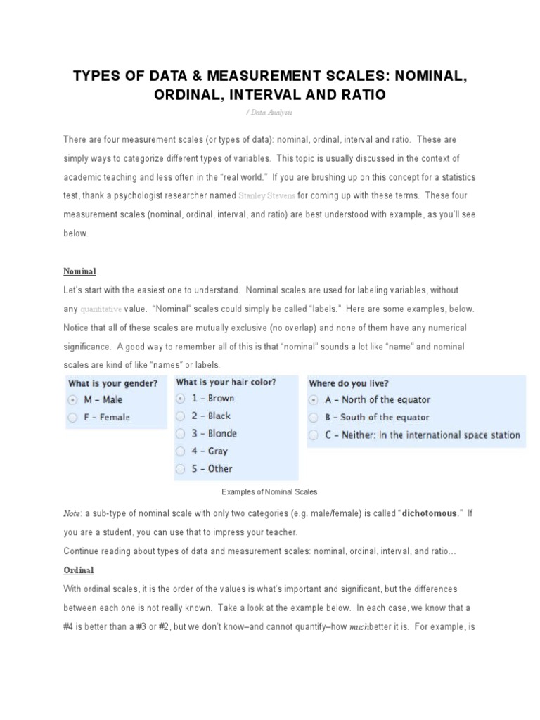 Types of Data & Measurement Scales: Nominal, Ordinal, Interval and Ratio | PDF | Level Of ...