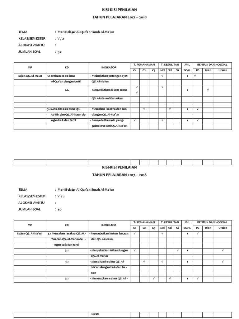 Form Kisi Kisi Penilaian Pai | PDF