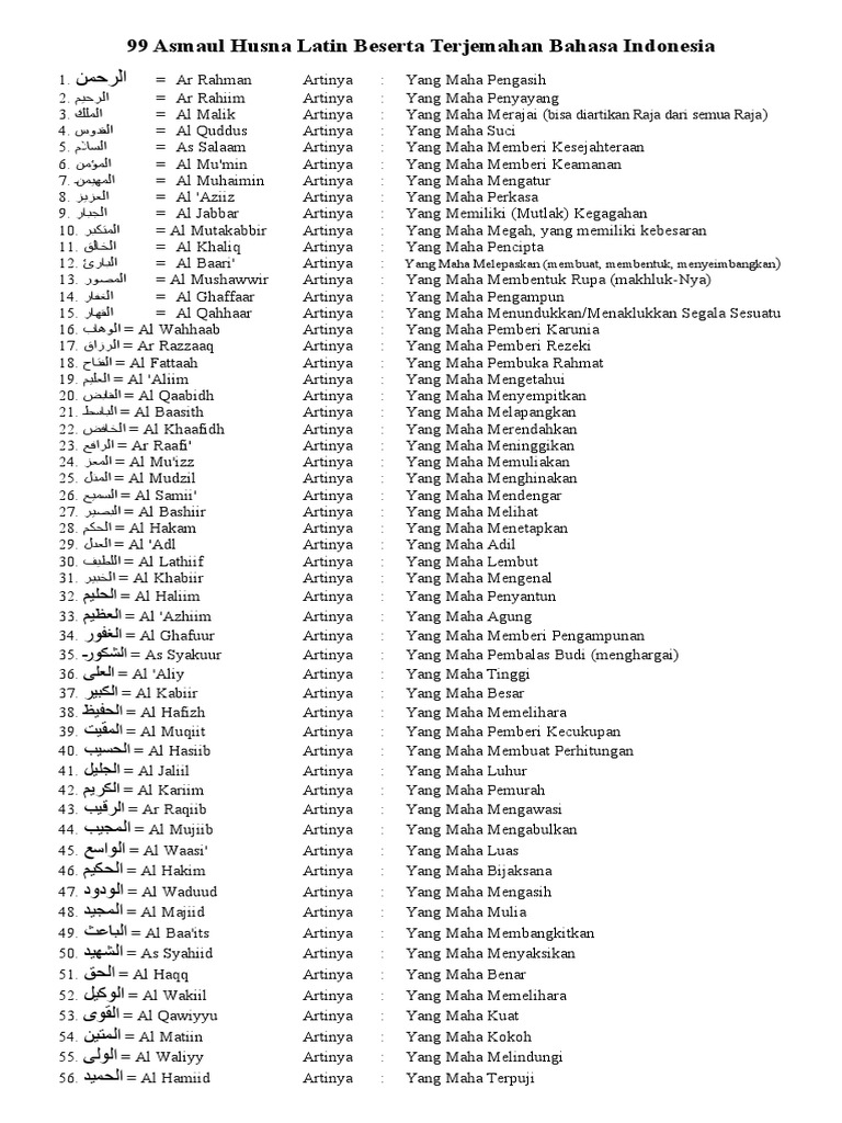 99 Asmaul Husna Latin Beserta Terjemahan Bahasa Indonesia | PDF