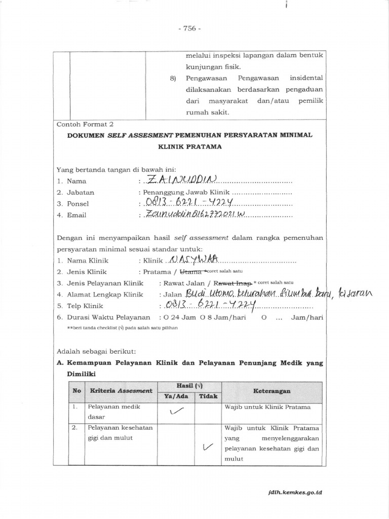 Dokumen Self Asesment Pemenuhan Persyaratan Minimal Klinik Pratama | PDF