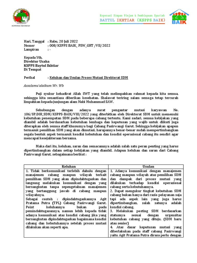 Surat Keluhan Atau Usulan | PDF