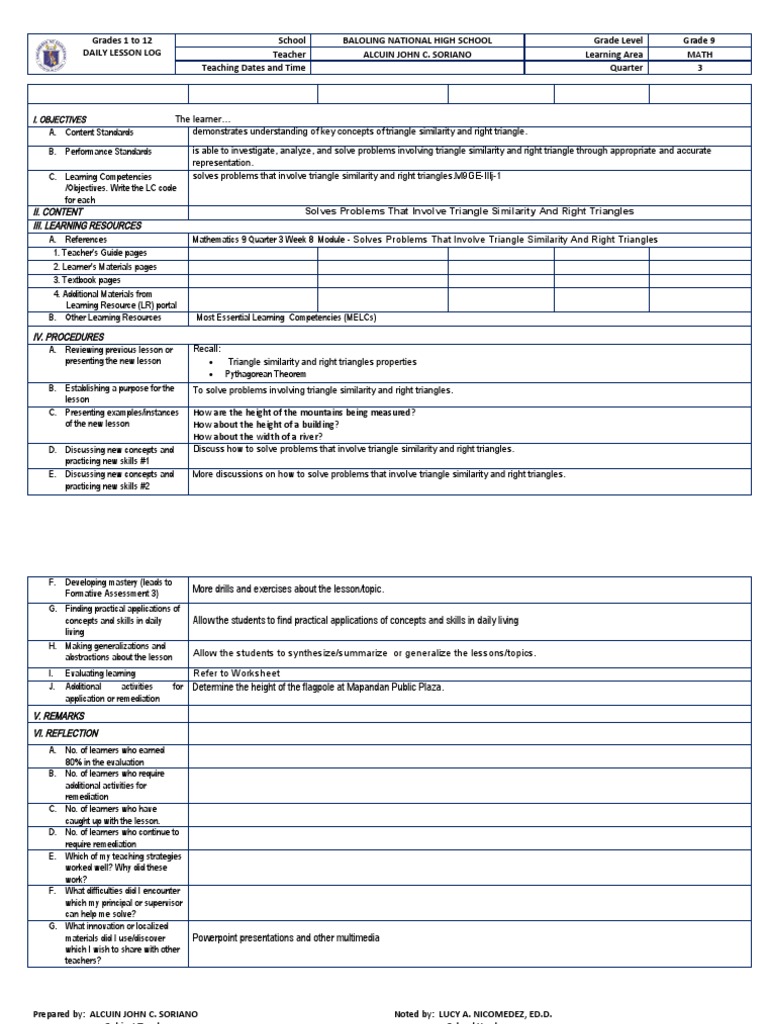 DLL Math 9 Q3 W8 | Download Free PDF | Learning | Teachers