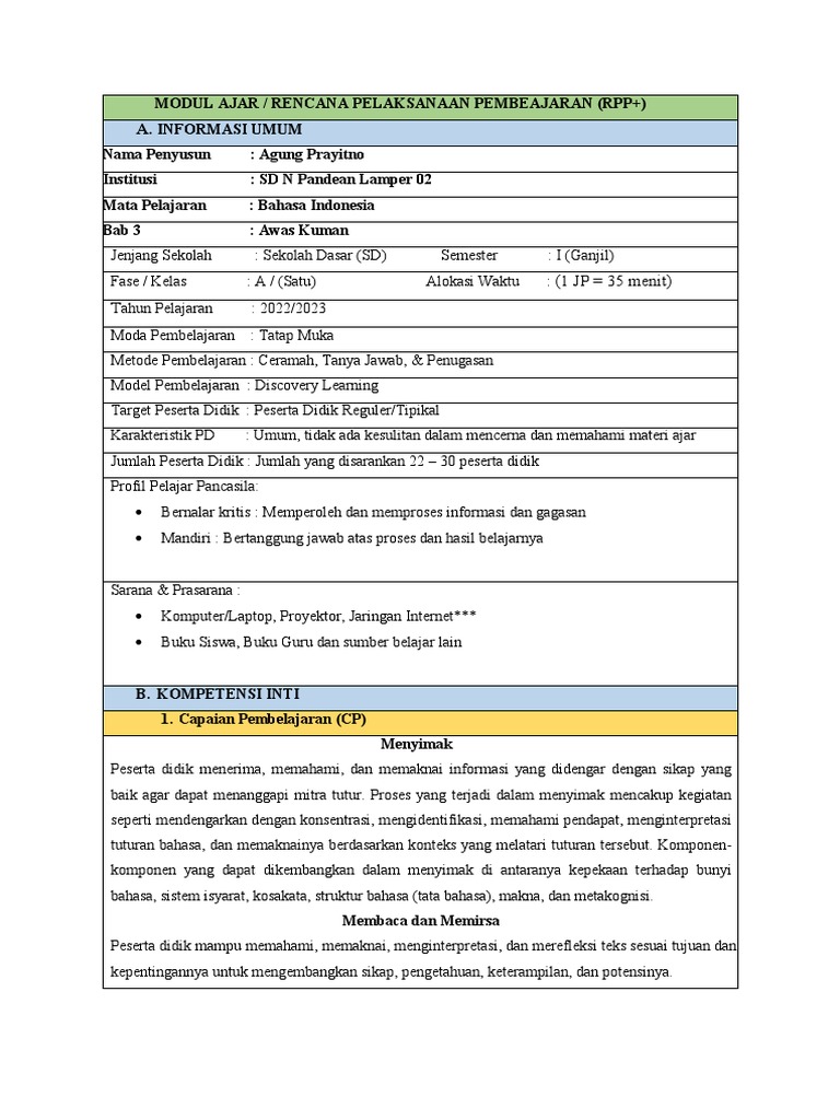 Modul Ajar Kelas 1 | PDF