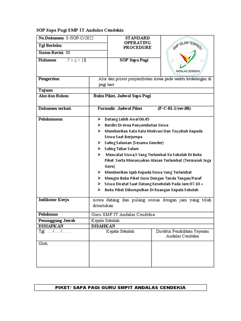 Sop Sapa Pagi Dan Piket Mobil Guru SMP It | PDF
