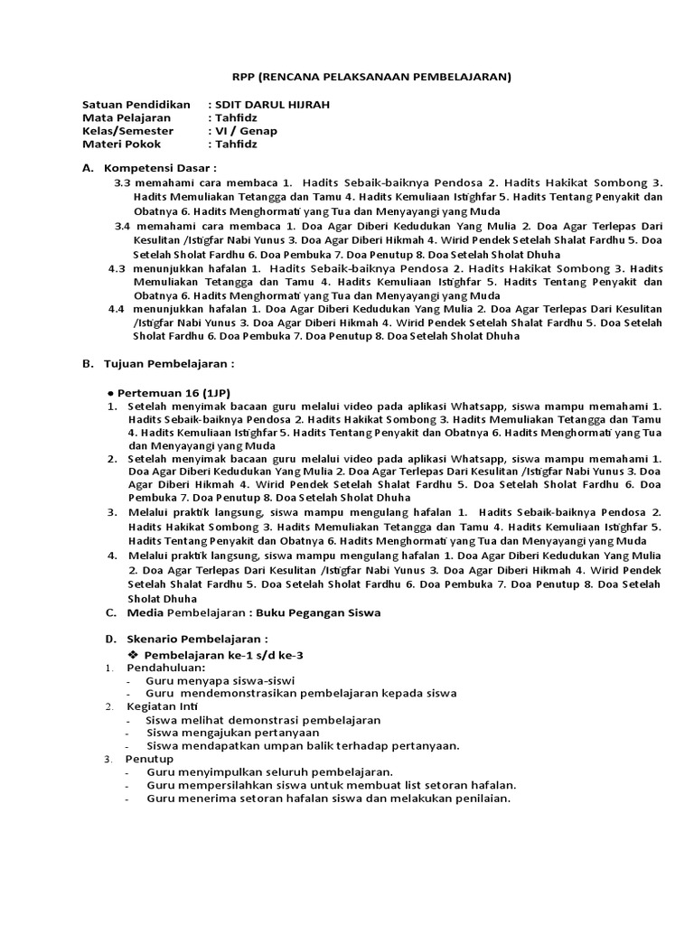 RPP TAHFIDZ KELAS 6 Semester 2 | PDF