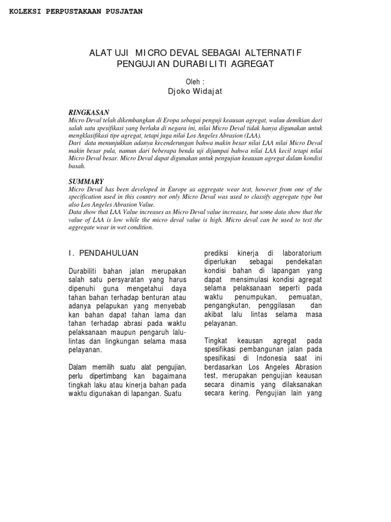 Alat Uji Micro Deval Sebagai Alternatif Pengujian Durability Agregat | PDF