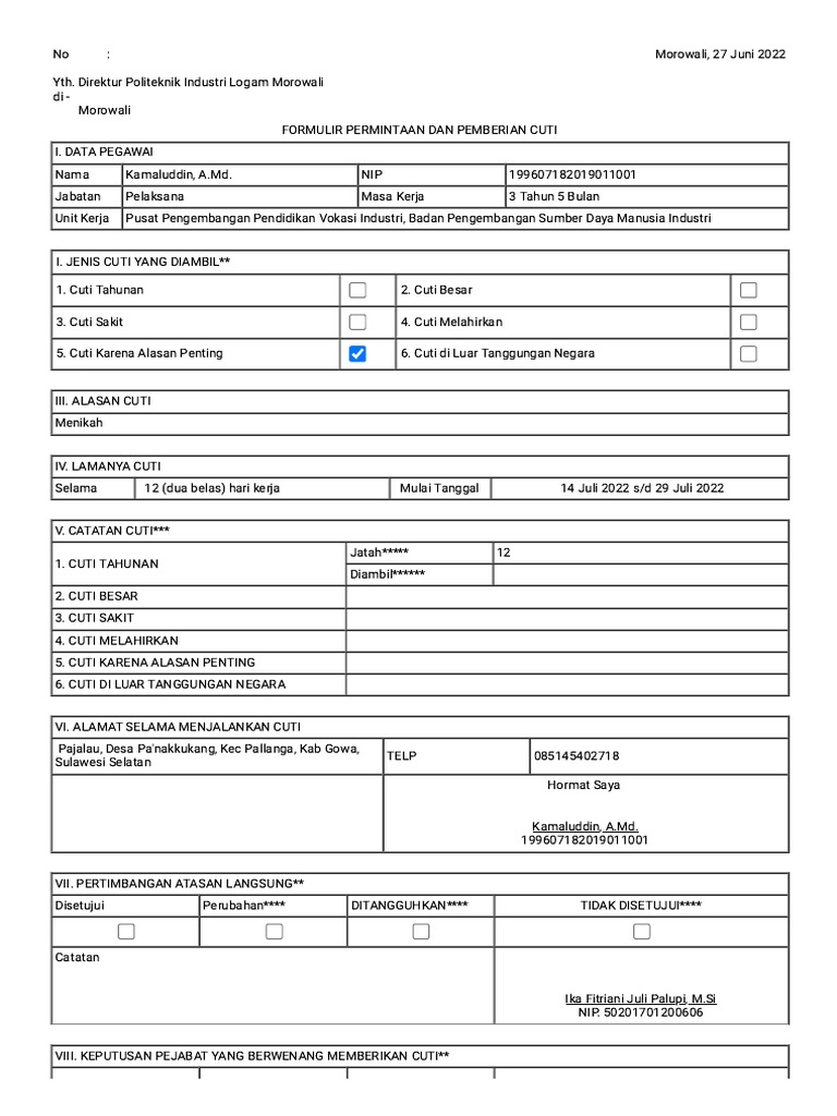 E-Formulir Permohonan Cuti | PDF