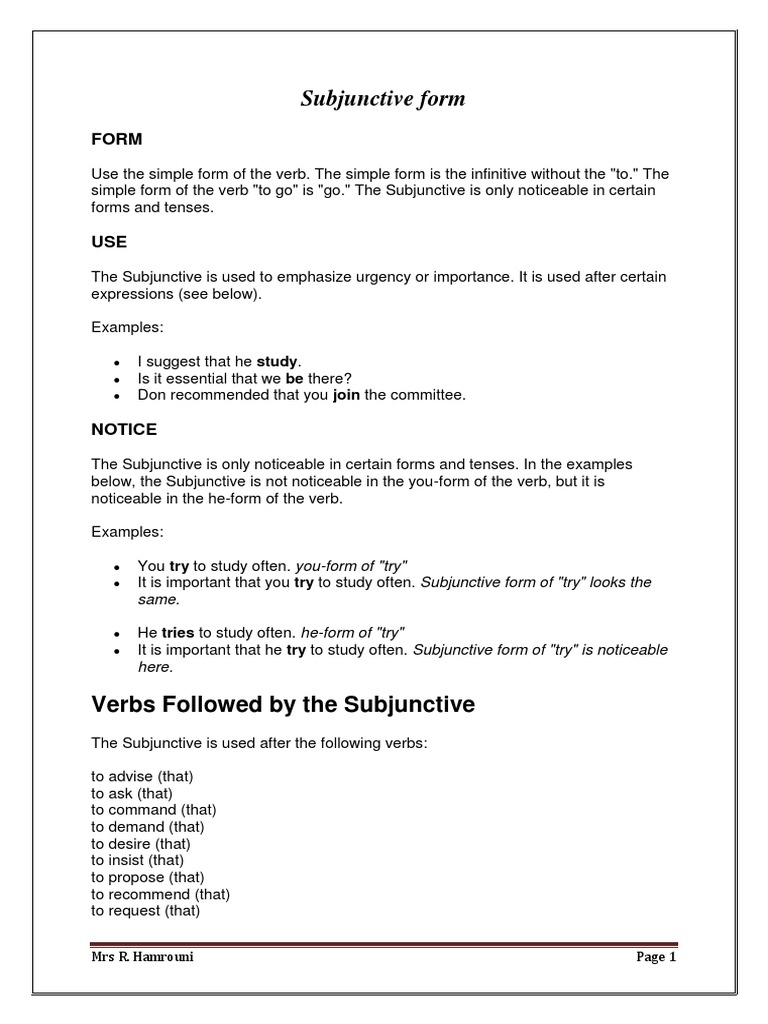 Subjunctive Form: Verbs Followed by The Subjunctive | PDF | Verb | Grammar