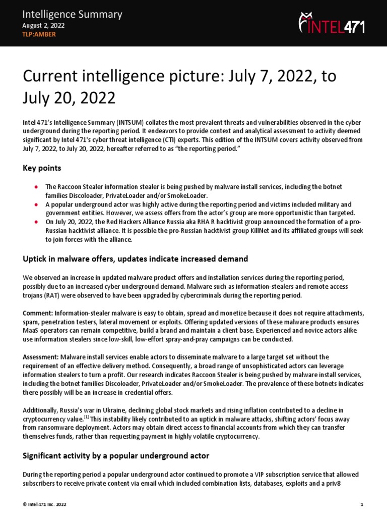 Intel 471 - Intelligence Summary - Current Intelligence Picture - July ...