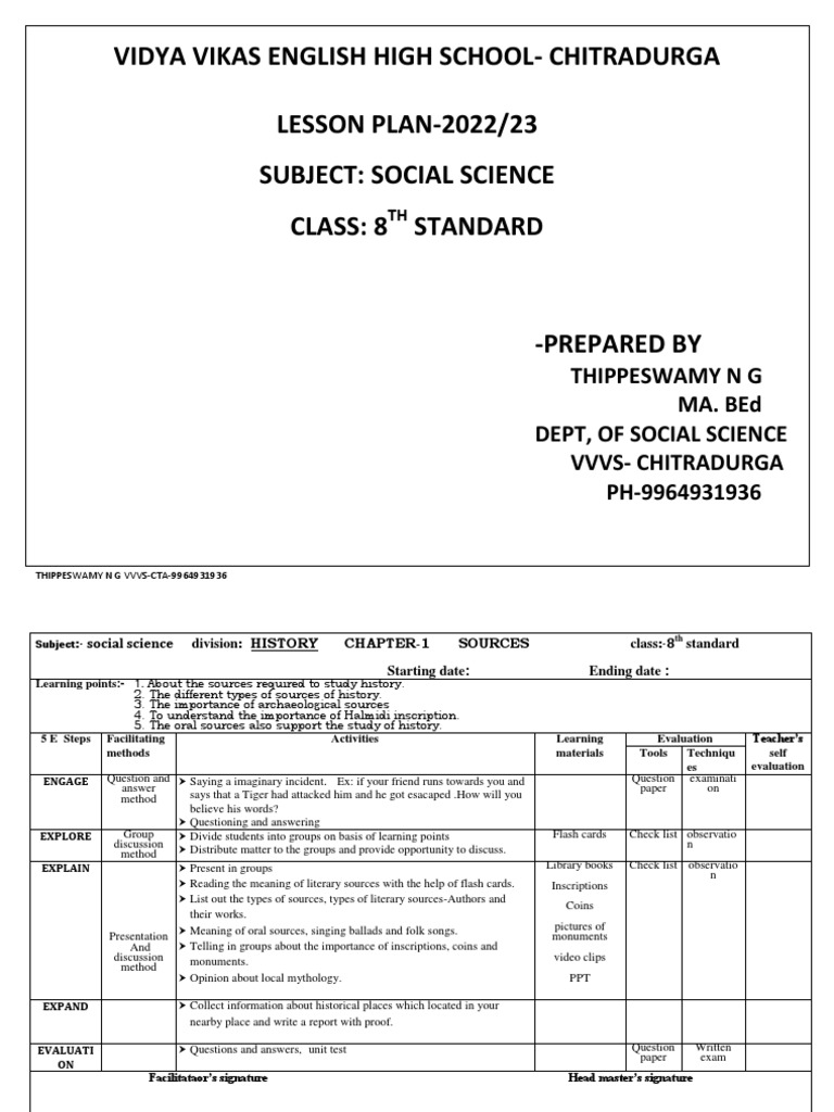 Vidya Vikas English High School-Chitradurga LESSON PLAN-2022/23 Subject ...