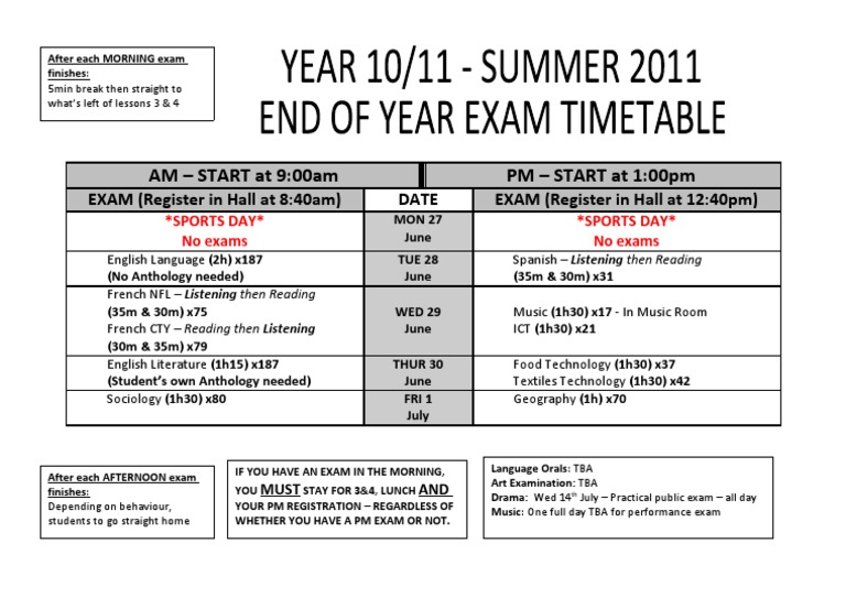Year 10 Mock Exam Timetable Summer 2011 v2 | PDF