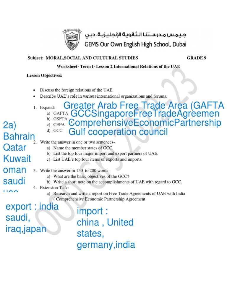 Worksheet - Lesson 2 International Relations of The UAE | PDF