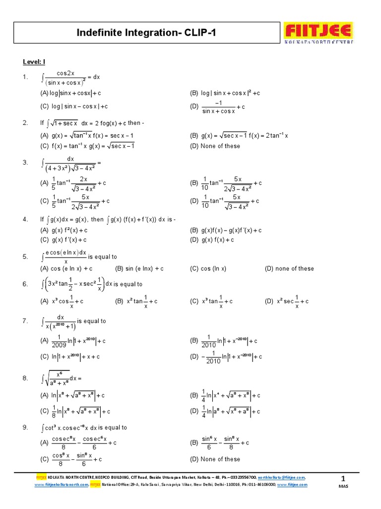 Indefinite Integration-CLIP-1: Log Sinx Cosx C Log - Sin X Cosx - C ...