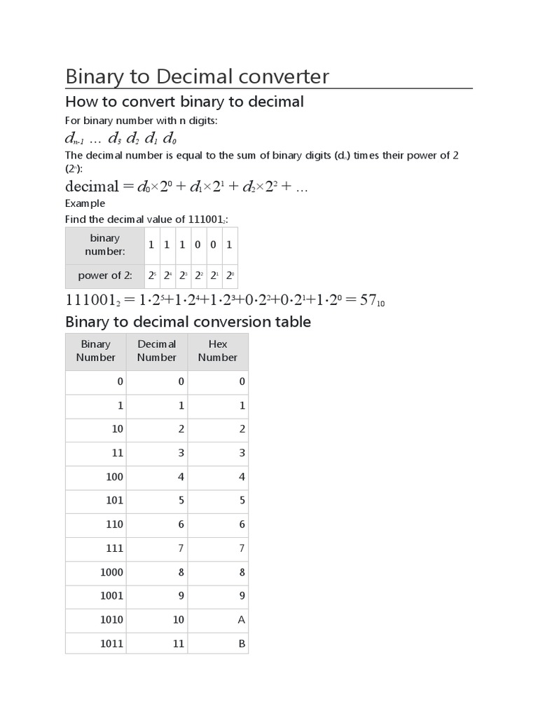 Binary To Decimal Converter: D ... D D D D | PDF | Decimal | Computer Architecture