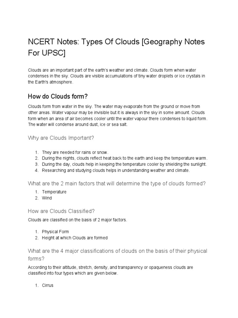 NCERT Notes Types of Clouds Geography Notes For UPSC | PDF | Cloud ...