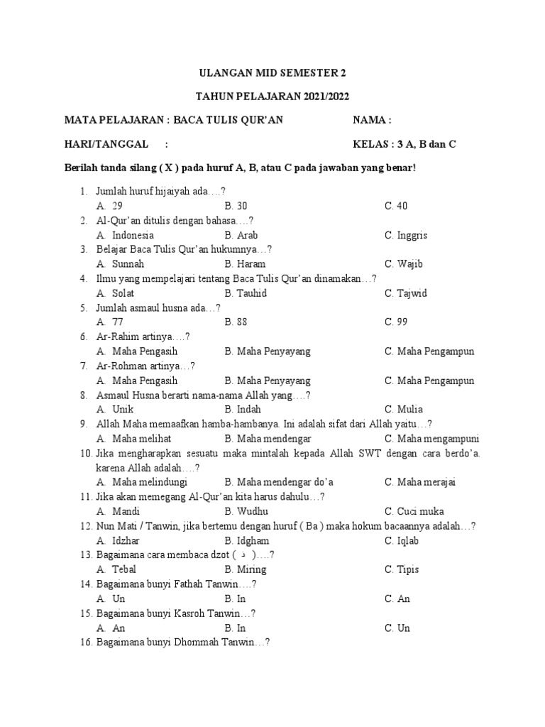Ulangan Mid Semester 2 Kelas 3 BTQ | PDF