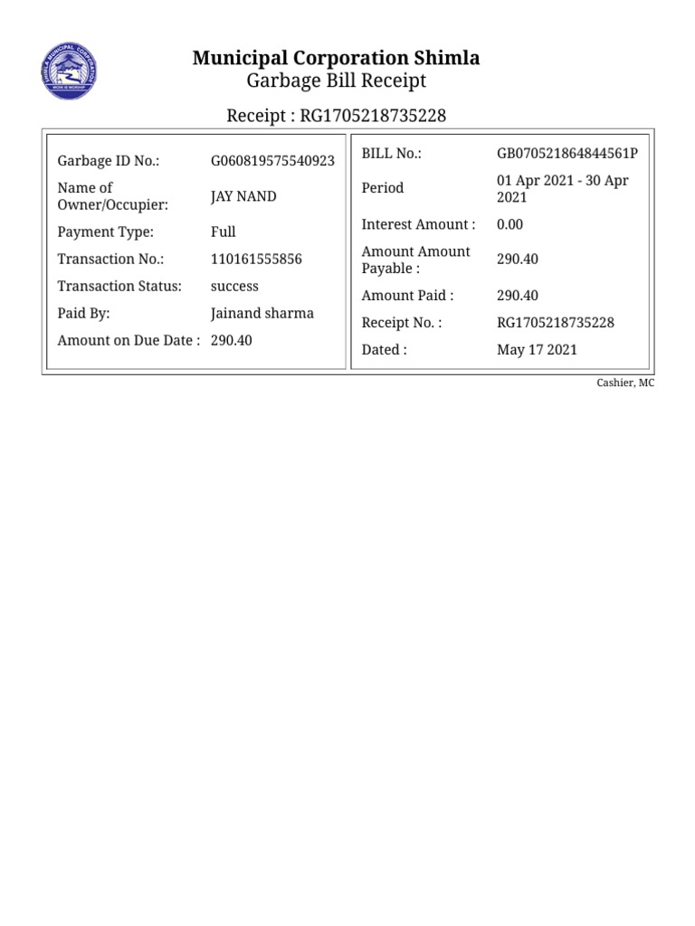 Municipal Corporation Shimla: Garbage Bill Receipt | PDF