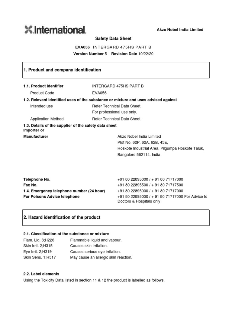 Akzo Nobel India SDS for EVA056 INTERGARD 475HS PART B | PDF | Toxicity ...