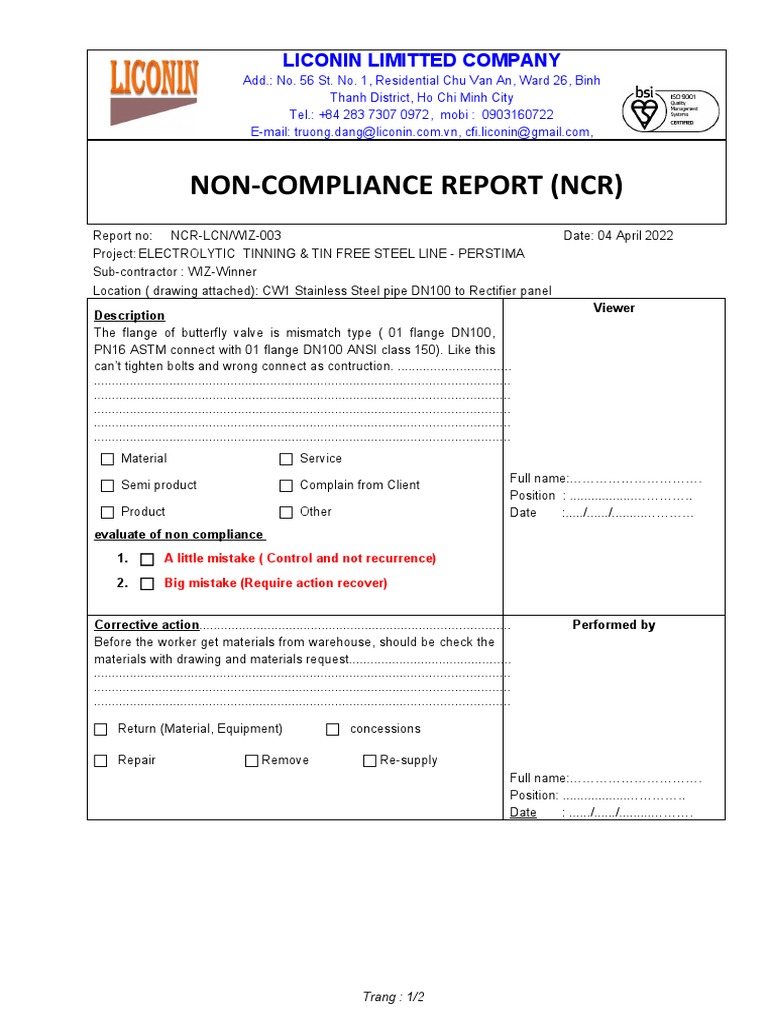Non-Compliance Report (NCR) : Liconin Limitted Company | PDF | Gas ...