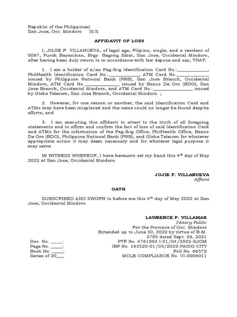 Affidavit of Loss (TIN) | PDF