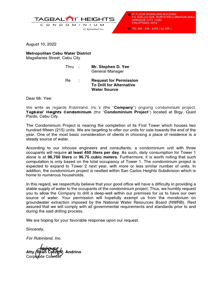 Tagbalai MCWD Letter | PDF