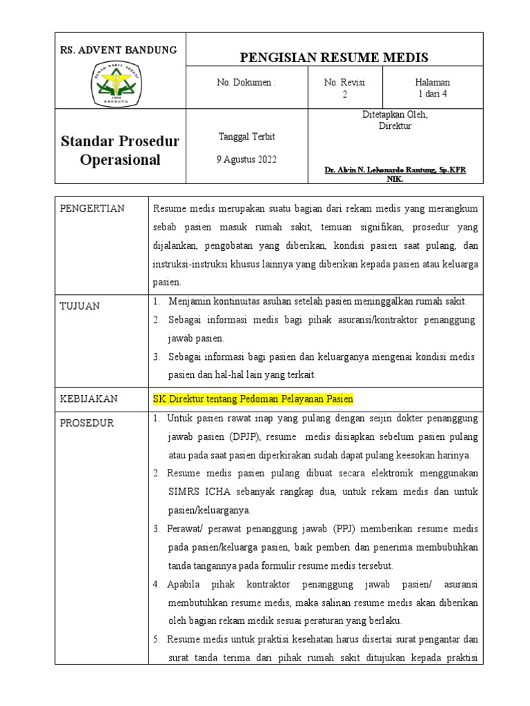SOP Pengisian Resume Medis | PDF