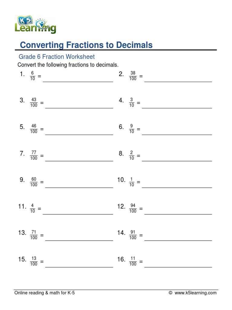 Converting Fractions To Decimals: Grade 6 Fraction Worksheet | PDF ...
