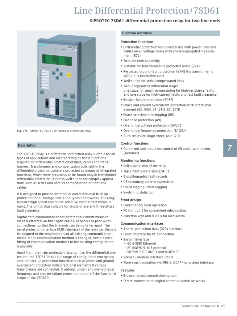 SIPROTEC 7SD61 Differential Protection Relay For Two Line Ends ...