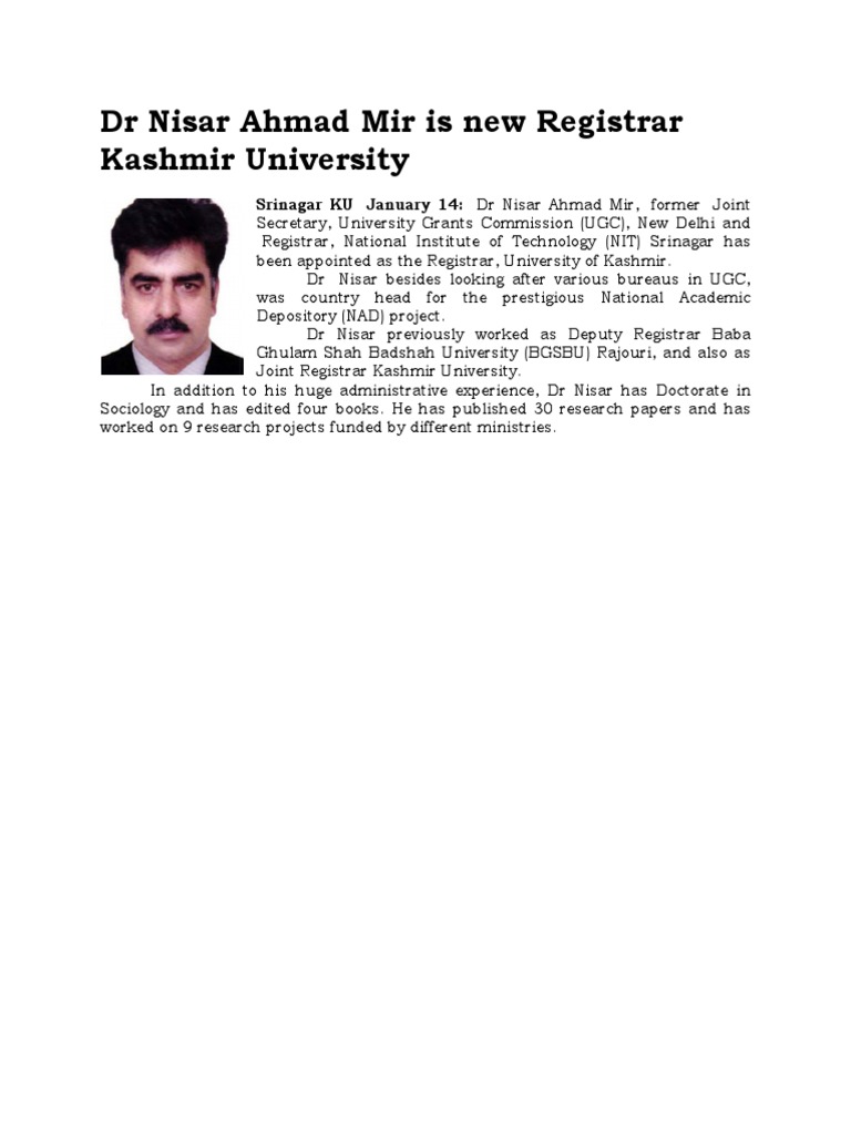Dr. Nisar Ahmad Mir Appointed Registrar | PDF | Religion & Spirituality