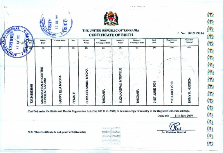 Certificate of Birth: The United Republic of Tanzania | PDF