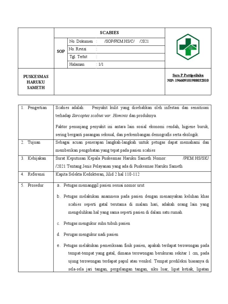 STANDAR OPERASIONAL PROSEDUR PENGOBATAN SCABIES DI PUSKESMAS HARUKU ...