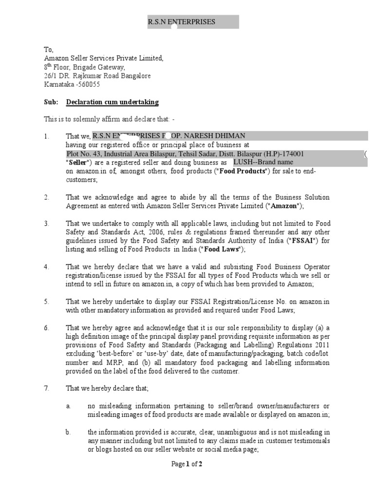 FSSAI Compliance Declaration for Amazon Sellers | PDF | Food Safety ...