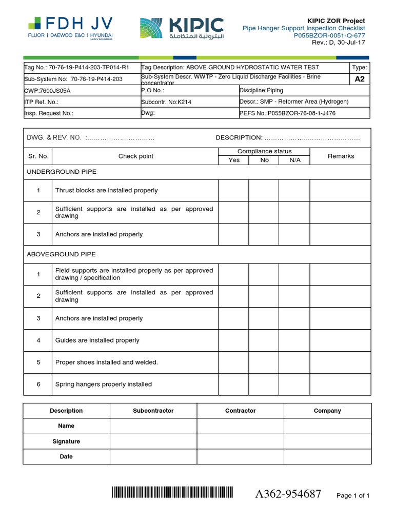 Pipe Hanger Support Inspection Checklist P055BZOR-0051-Q-677 | PDF ...