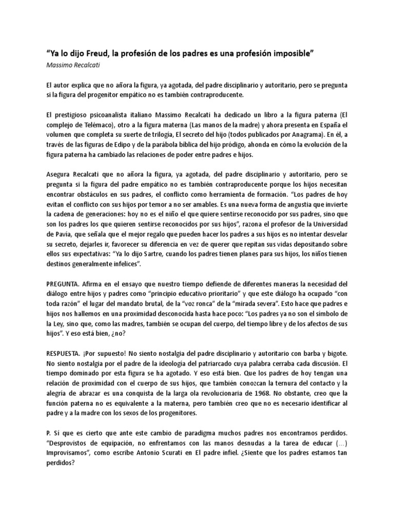 Ya Lo Dijo Freud, La Profesión de Los Padres Es Una Profesión Imposible ...