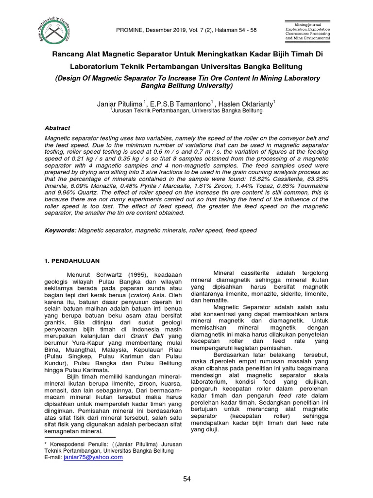 Rancang Alat Magnetik Separator Untuk Meningkatkan Kadar Bijih Timah Di ...