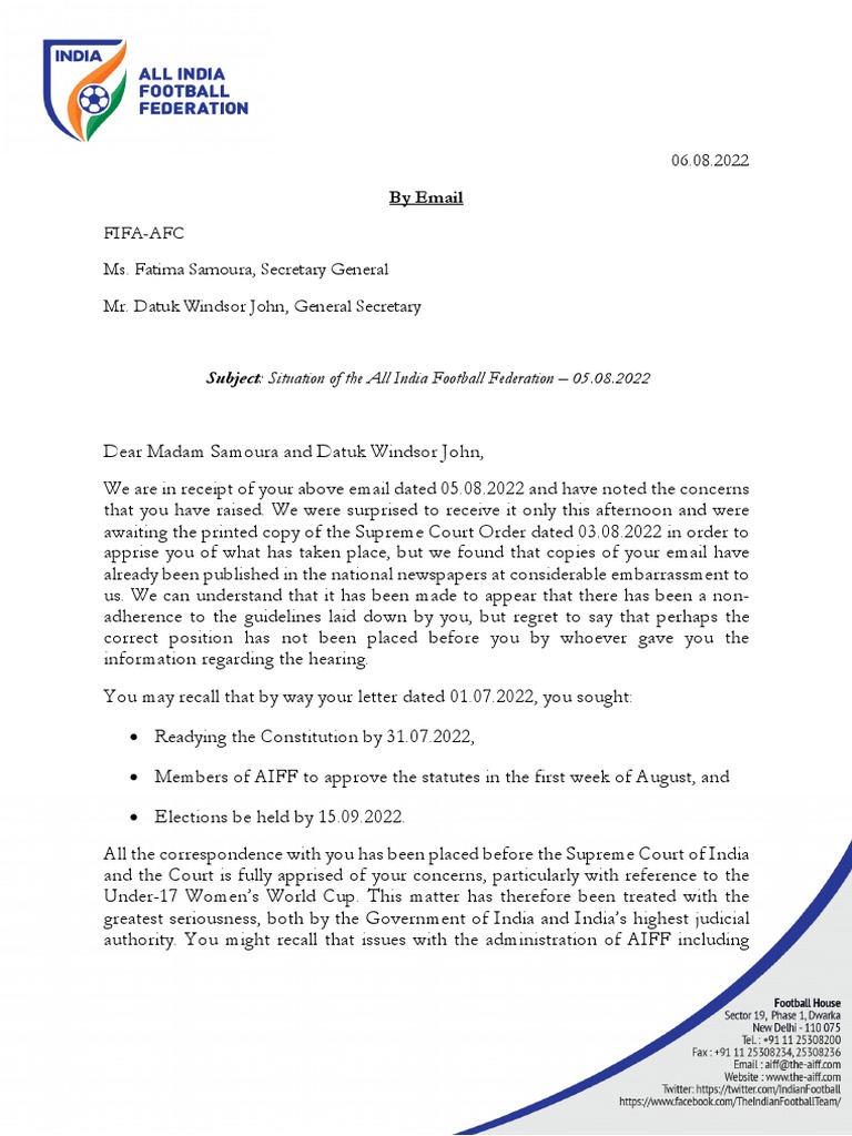 AIFF Response To FIFA Letter of August 5 | PDF