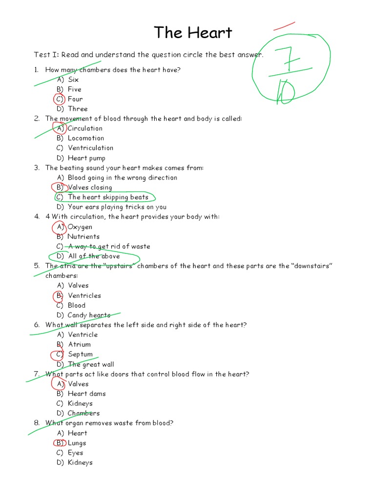 The Heart: Test I: Read and Understand The Question Circle The Best ...