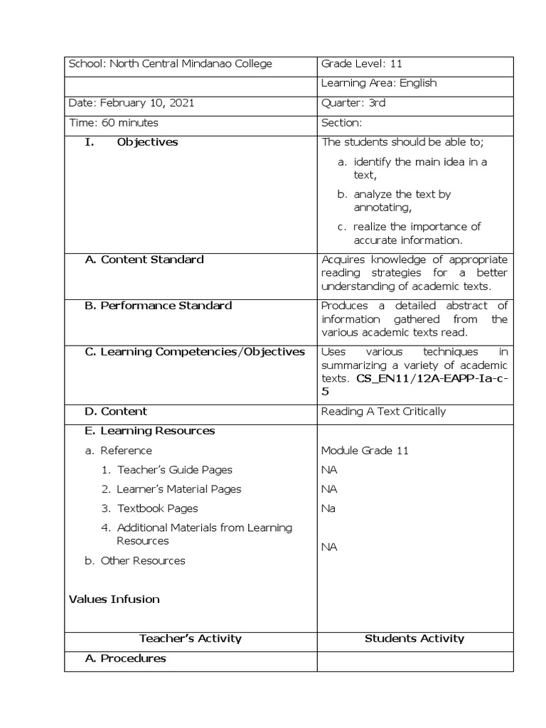 Reading A Text Critically Detailed Lesson Plan | PDF | Lesson Plan ...