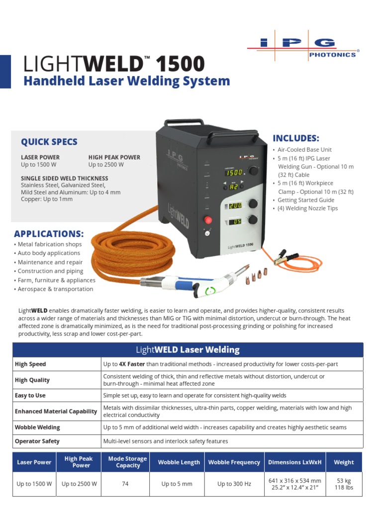 IPG Laser LightWELD 1500 Data Sheet | PDF | Welding | Construction