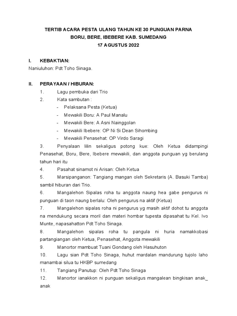 Tertib Acara Pesta Ulang Tahun Ke 30 Punguan Parna | PDF